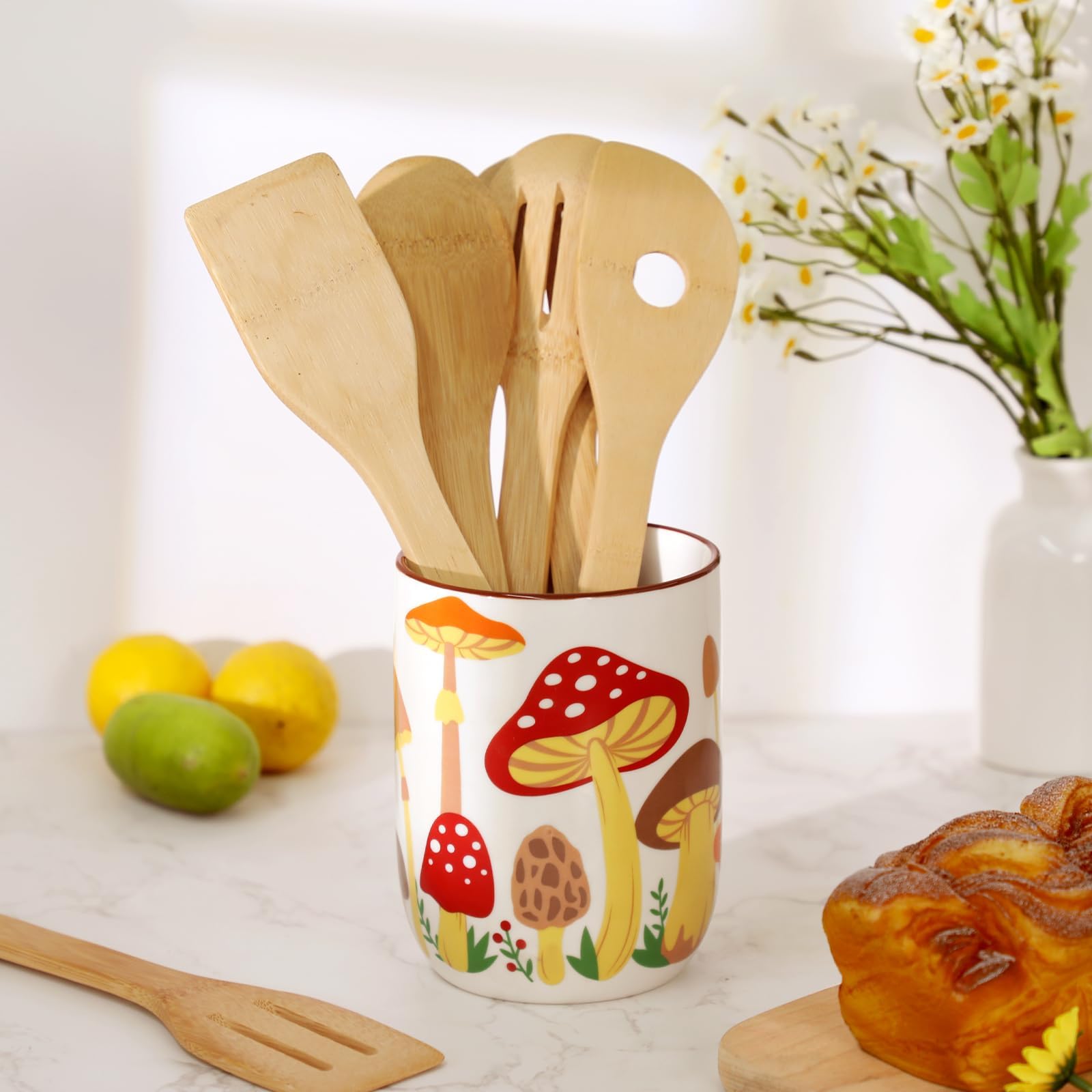 Nefelibata Mushroom Ceramic Utensil Holder Rustic Functional Utensil Crock Kitchen Storage Decor Perfect for Storing Cooking Tools and Cutlery Keep Organized Large Crock for Countertops