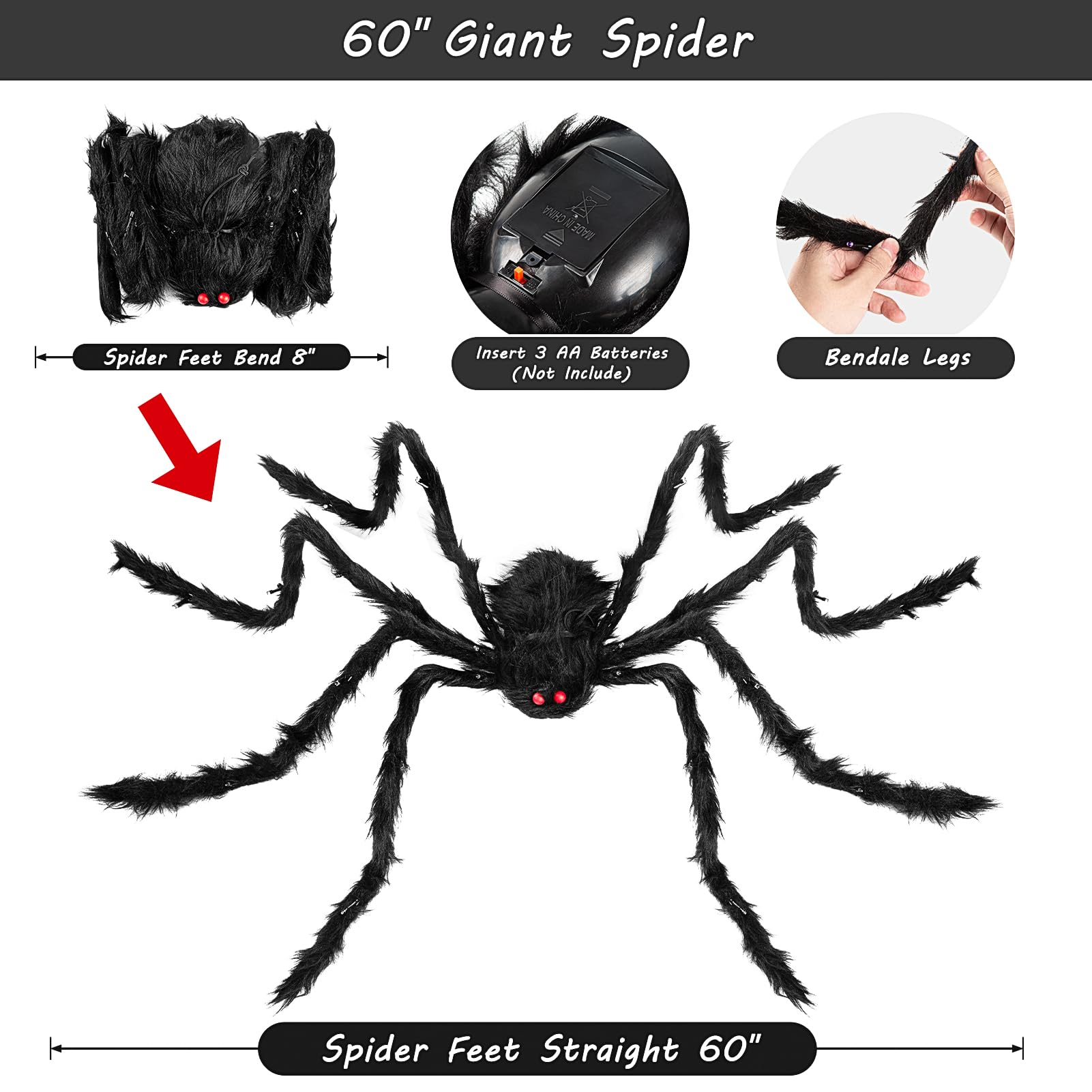 Anerbili 2Pack Halloween Decoration Spider 60 Inch Light Up Giant Big Spider for Indoor Outdoor Halloween Decoration Garden Home Haunted House Decoration