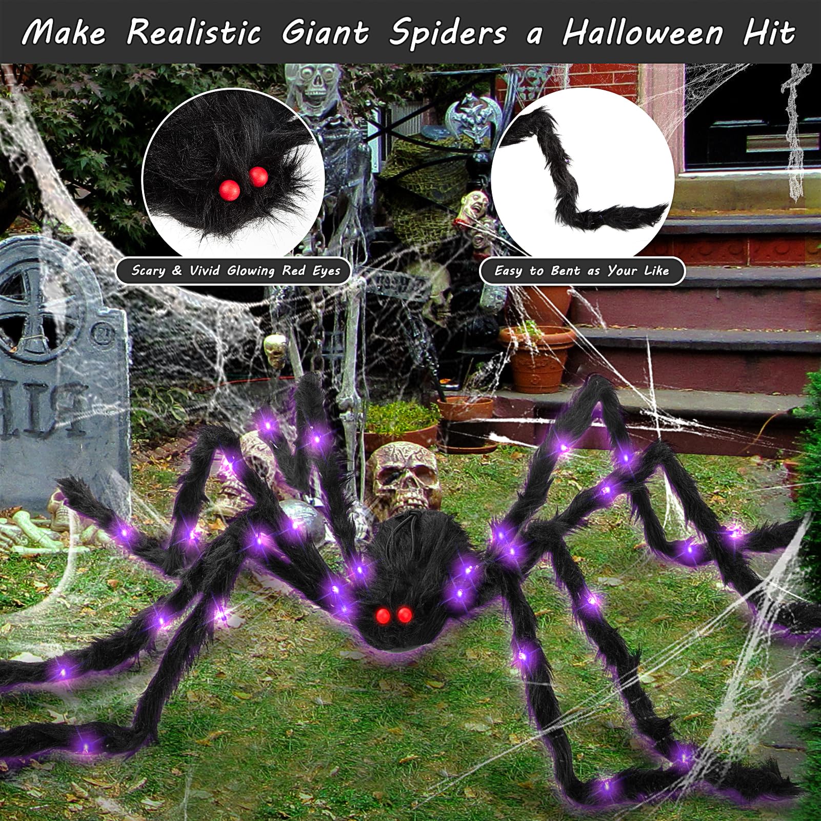 Anerbili 2Pack Halloween Decoration Spider 60 Inch Light Up Giant Big Spider for Indoor Outdoor Halloween Decoration Garden Home Haunted House Decoration