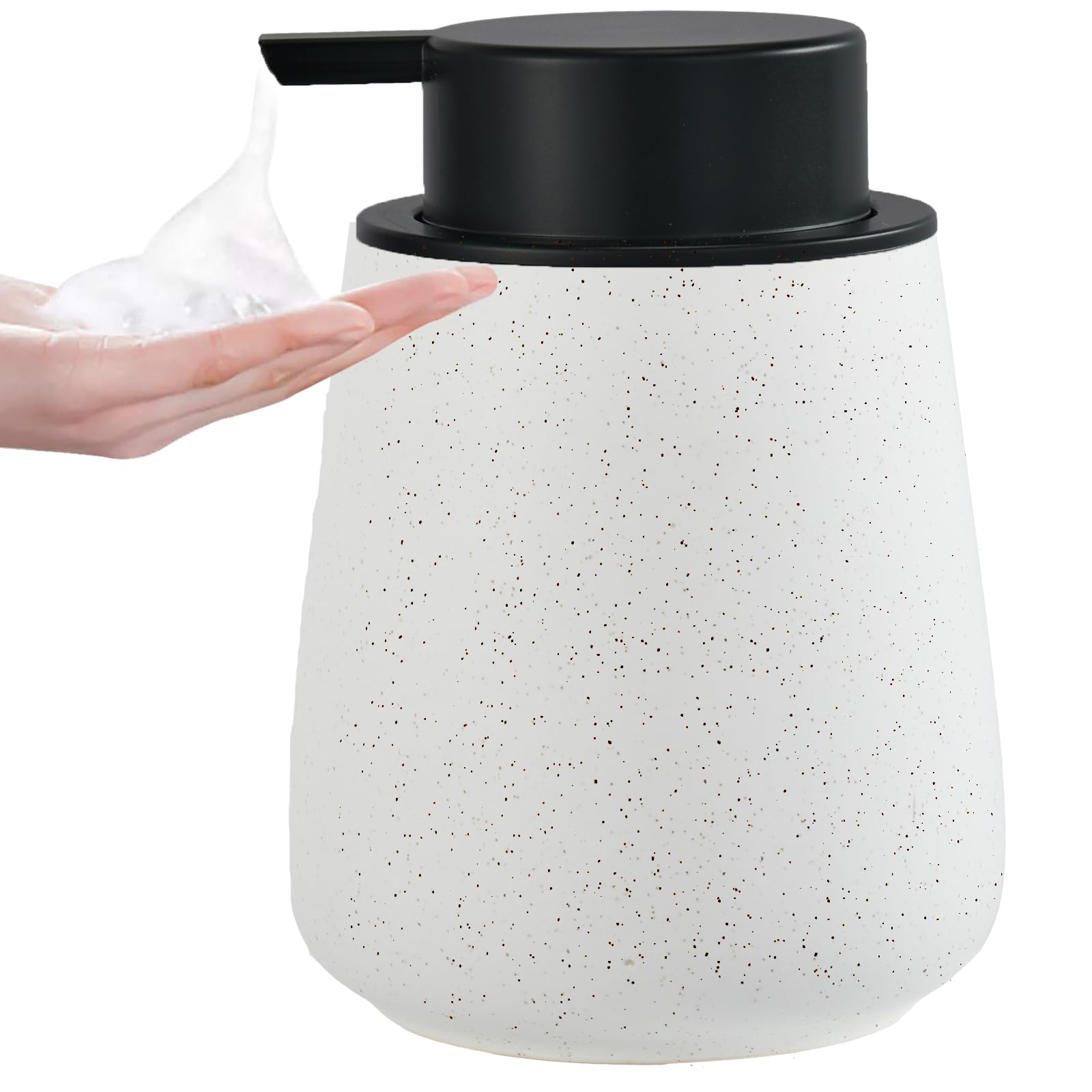 12Oz Foaming Hand Soap Dispenser - Ceramic Bathroom Foam Soap Dispenser with Easy-to-Press Black Pump, Refillable Lotion Hand Soap Dispenser, Dish Soap Dispenser for Kitchen, Speckled Matte White