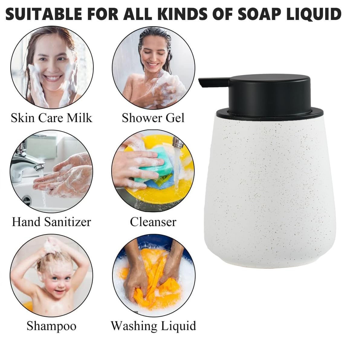 12Oz Foaming Hand Soap Dispenser - Ceramic Bathroom Foam Soap Dispenser with Easy-to-Press Black Pump, Refillable Lotion Hand Soap Dispenser, Dish Soap Dispenser for Kitchen, Speckled Matte White