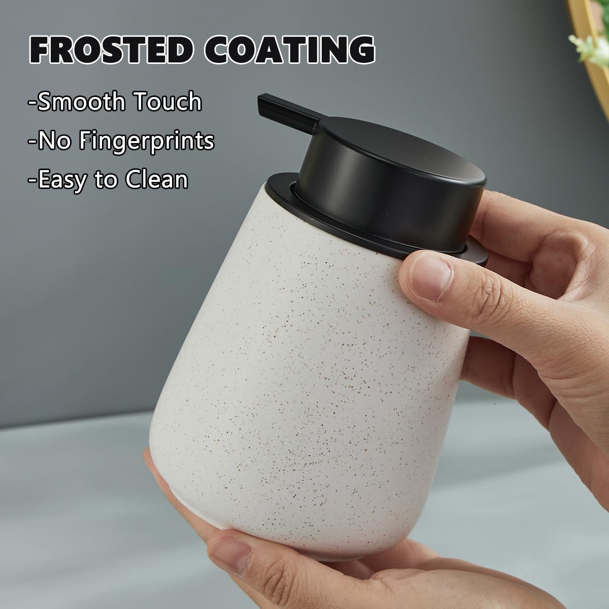 12Oz Foaming Hand Soap Dispenser - Ceramic Bathroom Foam Soap Dispenser with Easy-to-Press Black Pump, Refillable Lotion Hand Soap Dispenser, Dish Soap Dispenser for Kitchen, Speckled Matte White