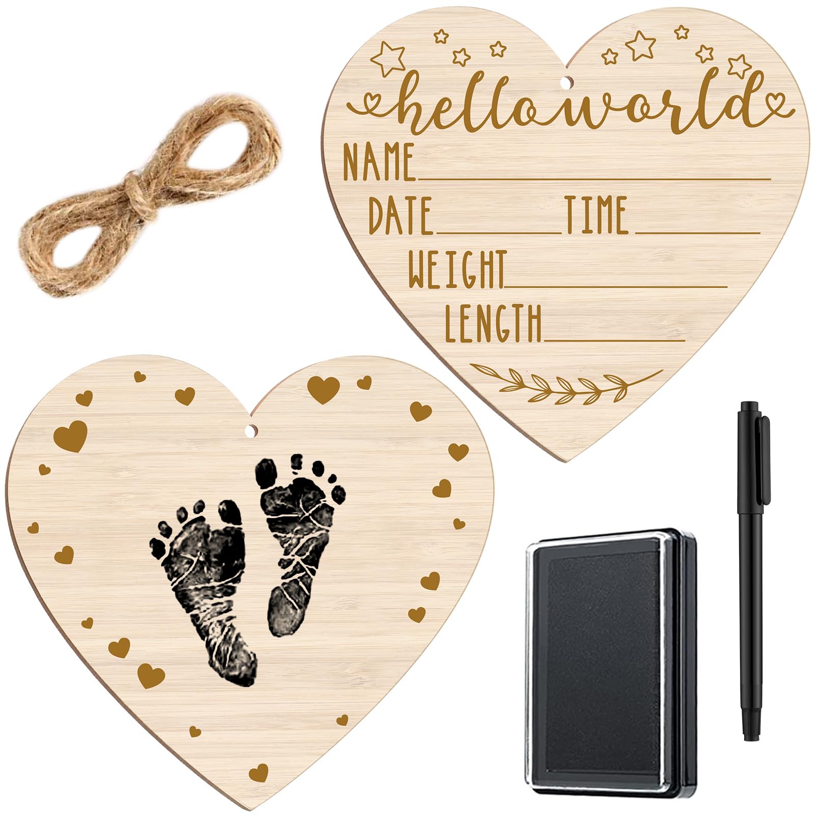 Thyle Baby Announcement Sign Wooden Baby Name Sign for Hospital Birth Announcement Sign Double Sided Newborn Welcome Sign with Marker Pen and Ink Pad for Baby Hand and Footprints Baby Shower (Heart)