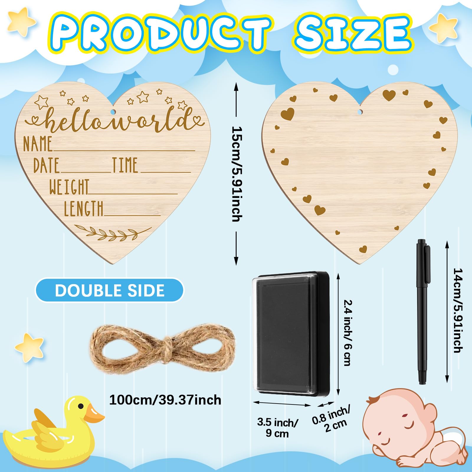 Thyle Baby Announcement Sign Wooden Baby Name Sign for Hospital Birth Announcement Sign Double Sided Newborn Welcome Sign with Marker Pen and Ink Pad for Baby Hand and Footprints Baby Shower (Heart)