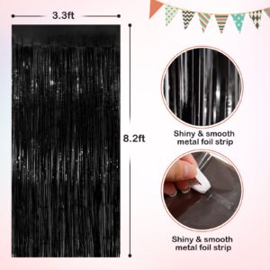 Black Metallic Tinsel Foil Fringe Curtains, 2 Pack 3.3x8.3 Feet Streamer Backdrop Curtains for Birthday Party Decorations, Halloween Decor, Foil Curtain Backdrop for Bachelorette Party