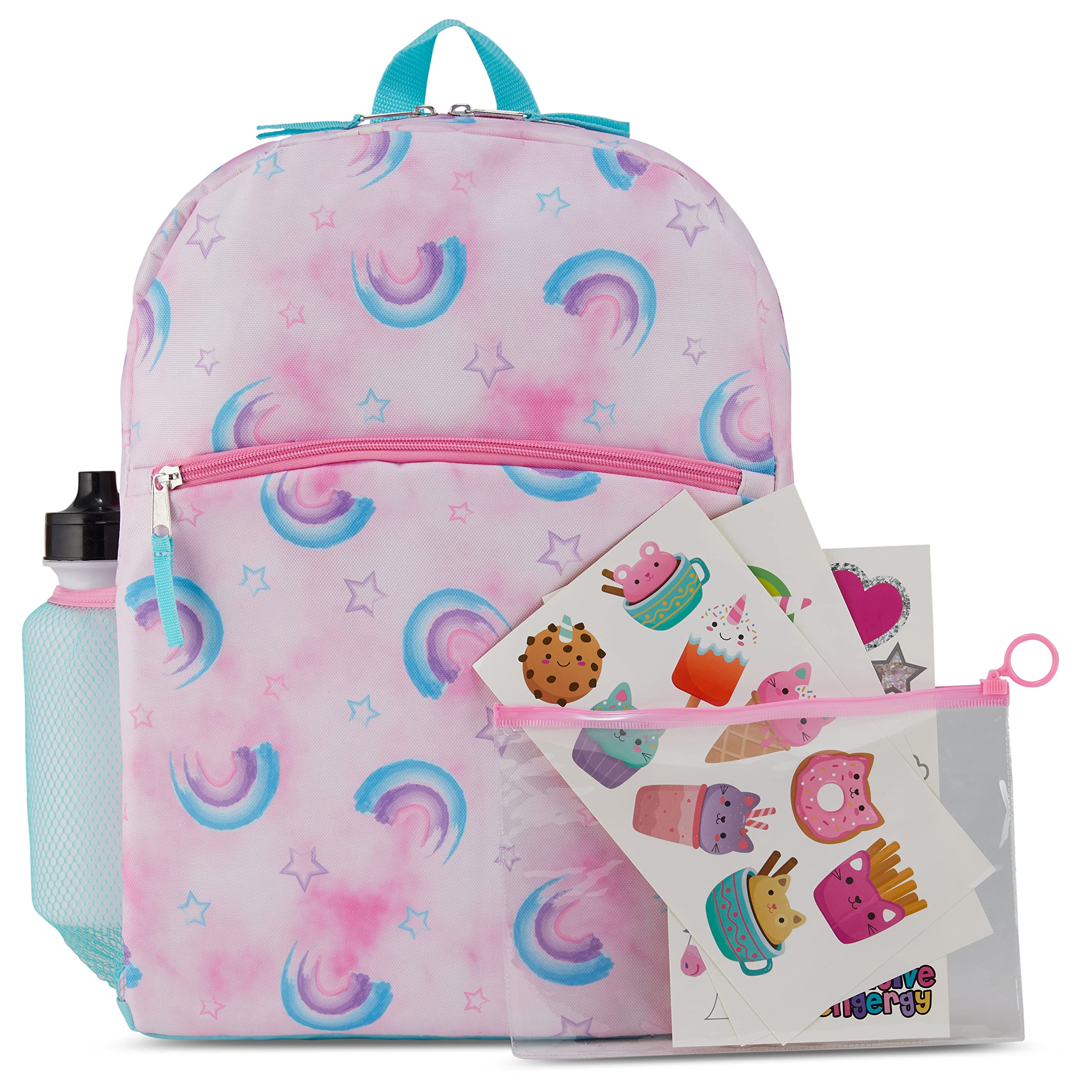 Cudlie Kindergarten Backpack w/Water Bottle & Stickers - Lightweight Girls Backpack for School/Travel - Kids Back Pack/Book Bag - Rainbow/Pink