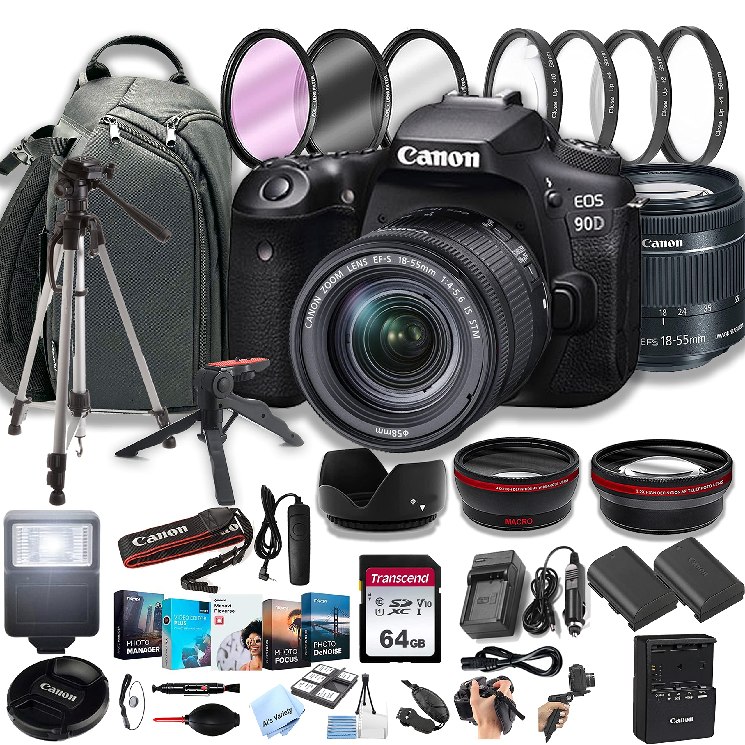 Canon EOS 90D DSLR Camera w/EF-S 18-55mm F/4-5.6 STM Zoom Lens + 100S Sling Backpack + 64GB Memory Cards, Professional Photo Bundle (40pc Bundle)