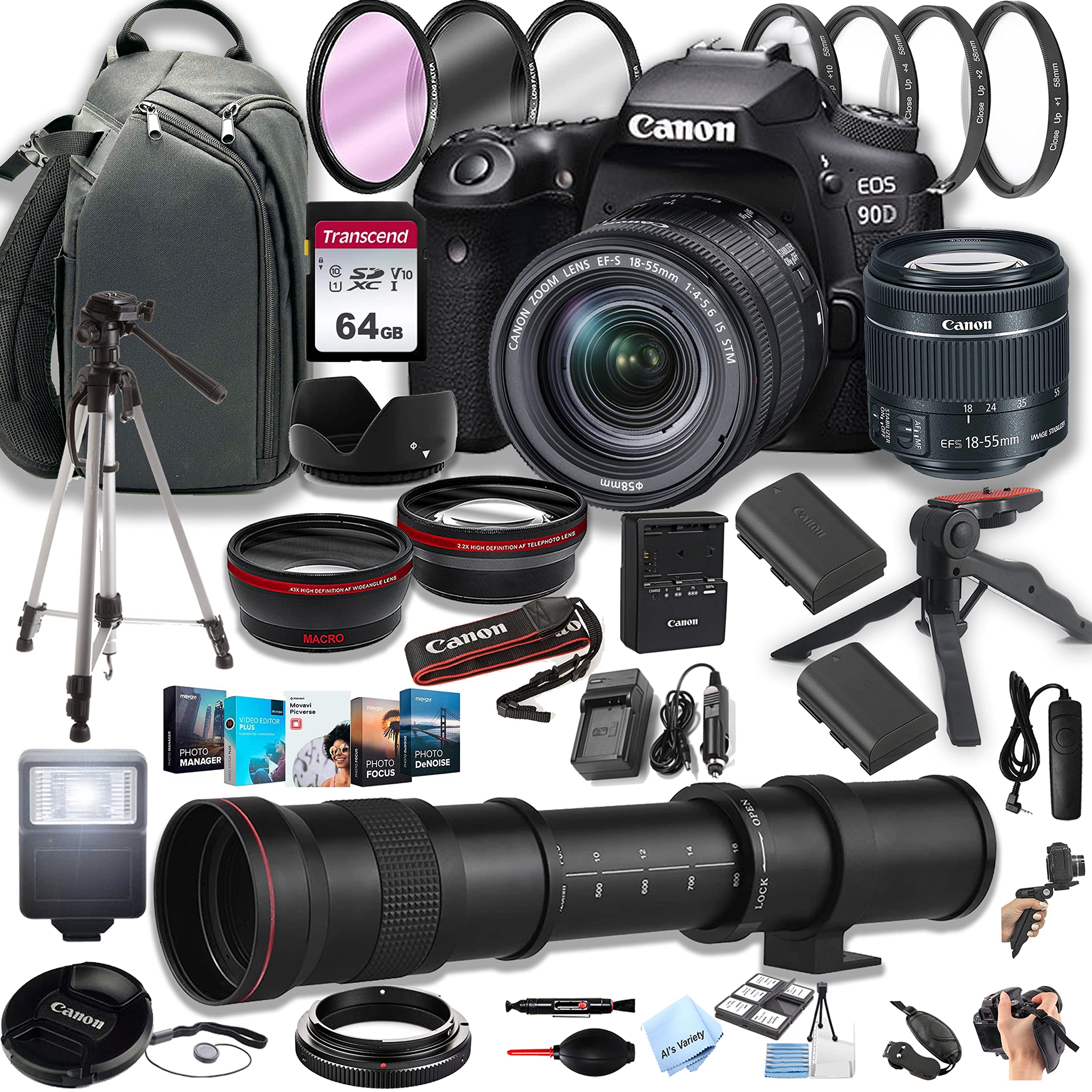 Canon EOS 90D DSLR Camera w/EF-S 18-55mm F/4-5.6 STM Zoom Lens + 420-800mm Super Telephoto Lens + 100S Sling Backpack + 64GB Memory Cards, Professional Photo Bundle (42pc Bundle)