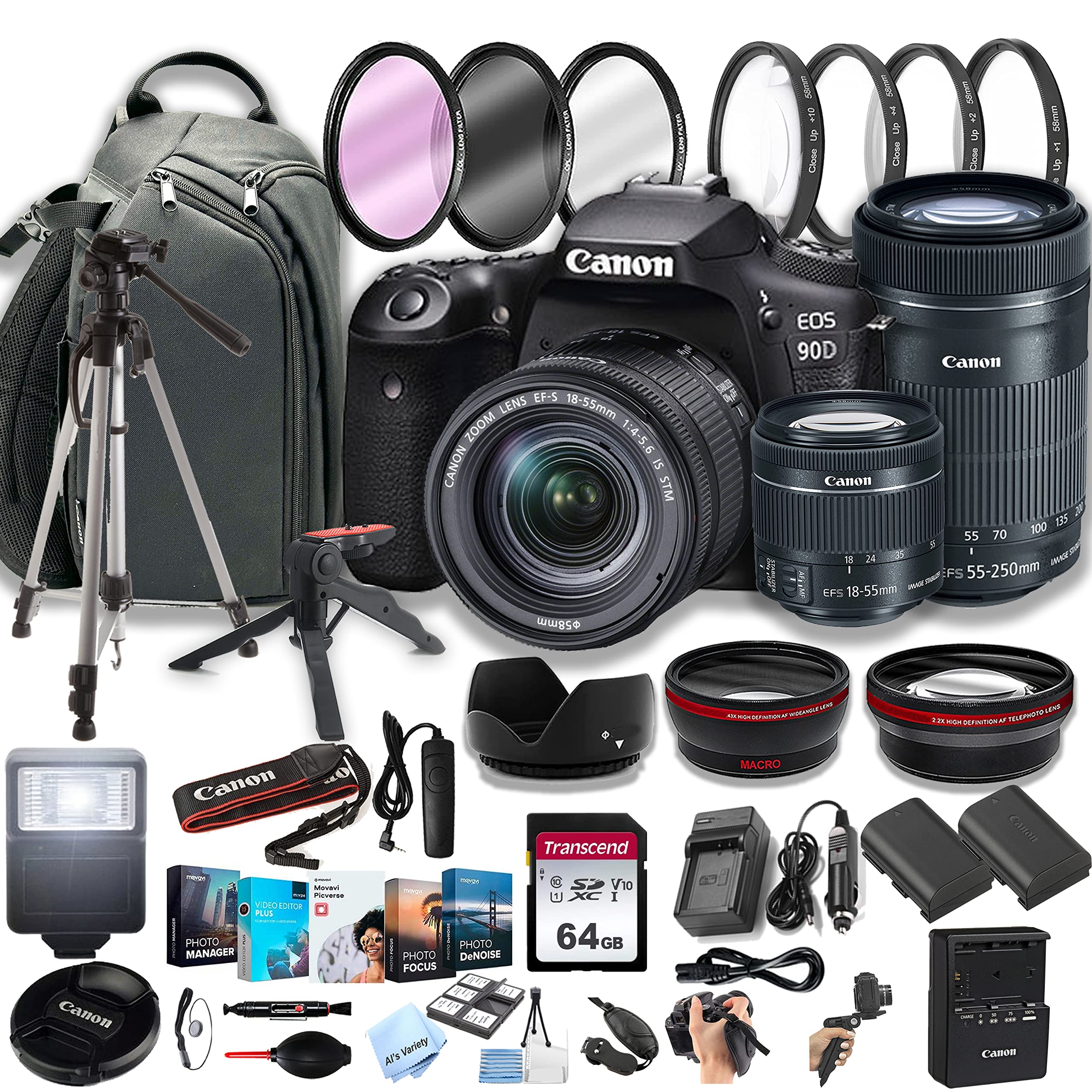 Canon EOS 90D DSLR Camera w/EF-S 18-55mm F/4-5.6 STM Zoom Lens + 55-250mm f/4-5.6 is STM Lens + 64GB Memory Cards, Professional Photo Bundle (42pc Bundle)