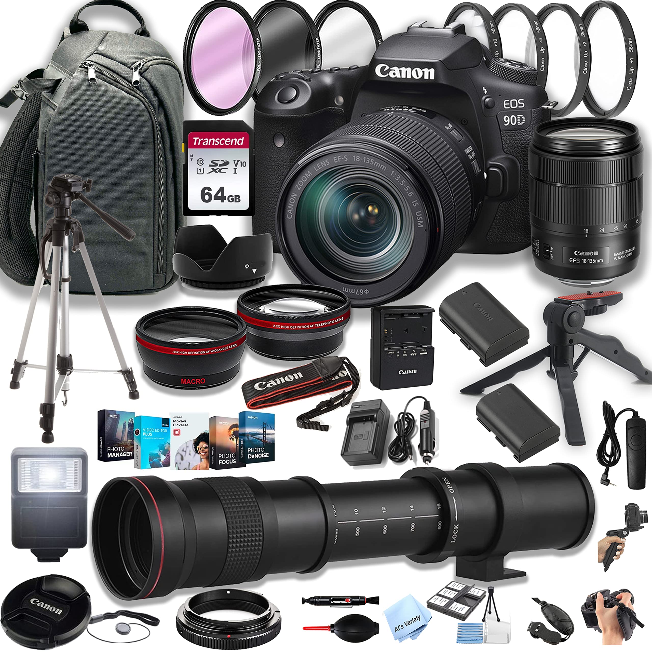 Canon EOS 90D DSLR Camera w/EF-S 18-135mm f/3.5-5.6 is USM Zoom Lens + 420-800mm Super Telephoto Lens + 100S Sling Backpack + 64GB Memory Cards, Professional Photo Bundle (42pc Bundle)