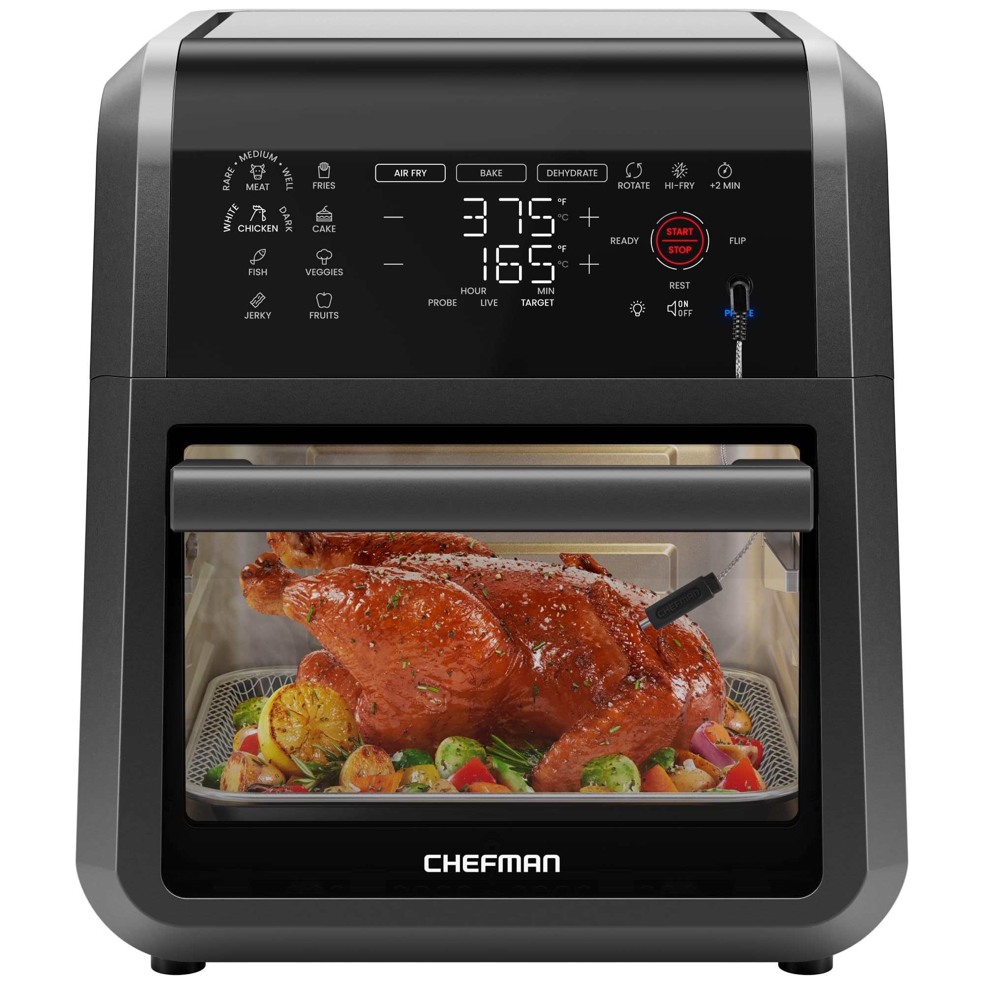 CHEFMAN ExacTemp™ 12 Quart 5-in-1 Air Fryer with Integrated Smart Cooking Thermometer, 28 Touchscreen Presets, Rotisserie, Dehydrator, Bake, XL Convection Oven with Auto Shutoff, Black