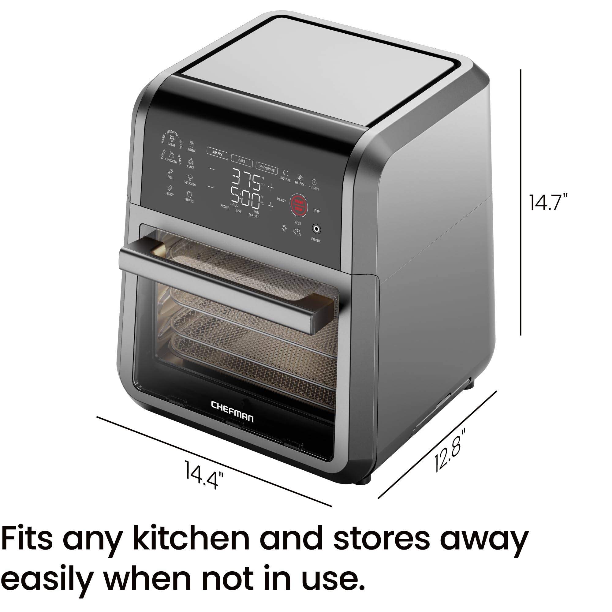 CHEFMAN ExacTemp™ 12 Quart 5-in-1 Air Fryer with Integrated Smart Cooking Thermometer, 28 Touchscreen Presets, Rotisserie, Dehydrator, Bake, XL Convection Oven with Auto Shutoff, Black