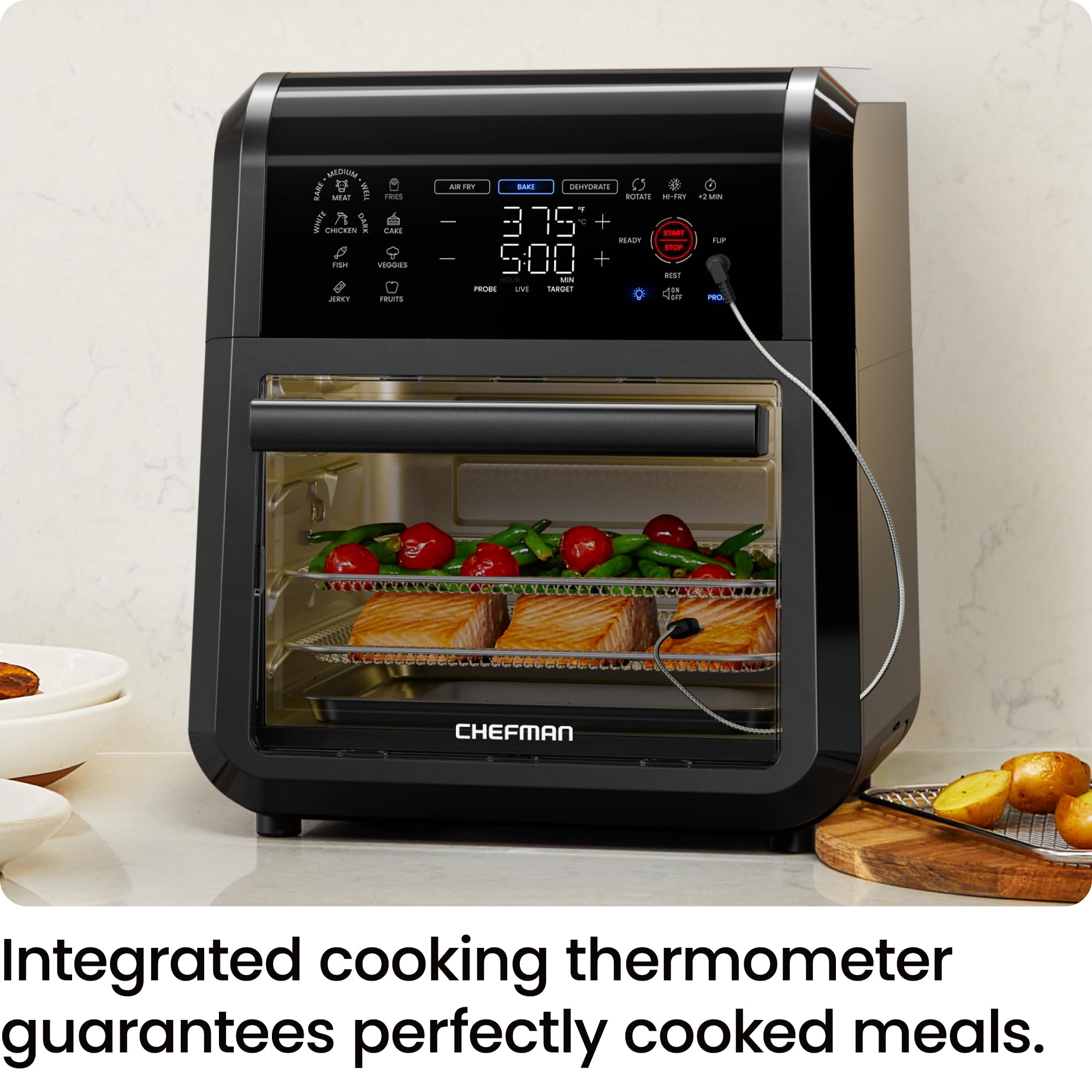 CHEFMAN ExacTemp™ 12 Quart 5-in-1 Air Fryer with Integrated Smart Cooking Thermometer, 28 Touchscreen Presets, Rotisserie, Dehydrator, Bake, XL Convection Oven with Auto Shutoff, Black