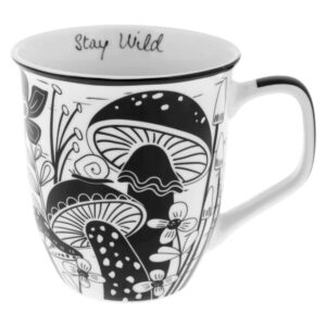 karma gifts 16 oz black and white boho mug mushroom - cute coffee and tea mug - ceramic coffee mugs for women and men