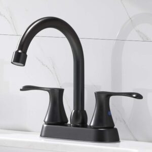 comllen black bathroom faucet, modern centerset 4 inch 2 handle 360°swivel spout lead-free matte black bathroom sink faucet, 3 hole vanity lavatory faucet for bathroom sink