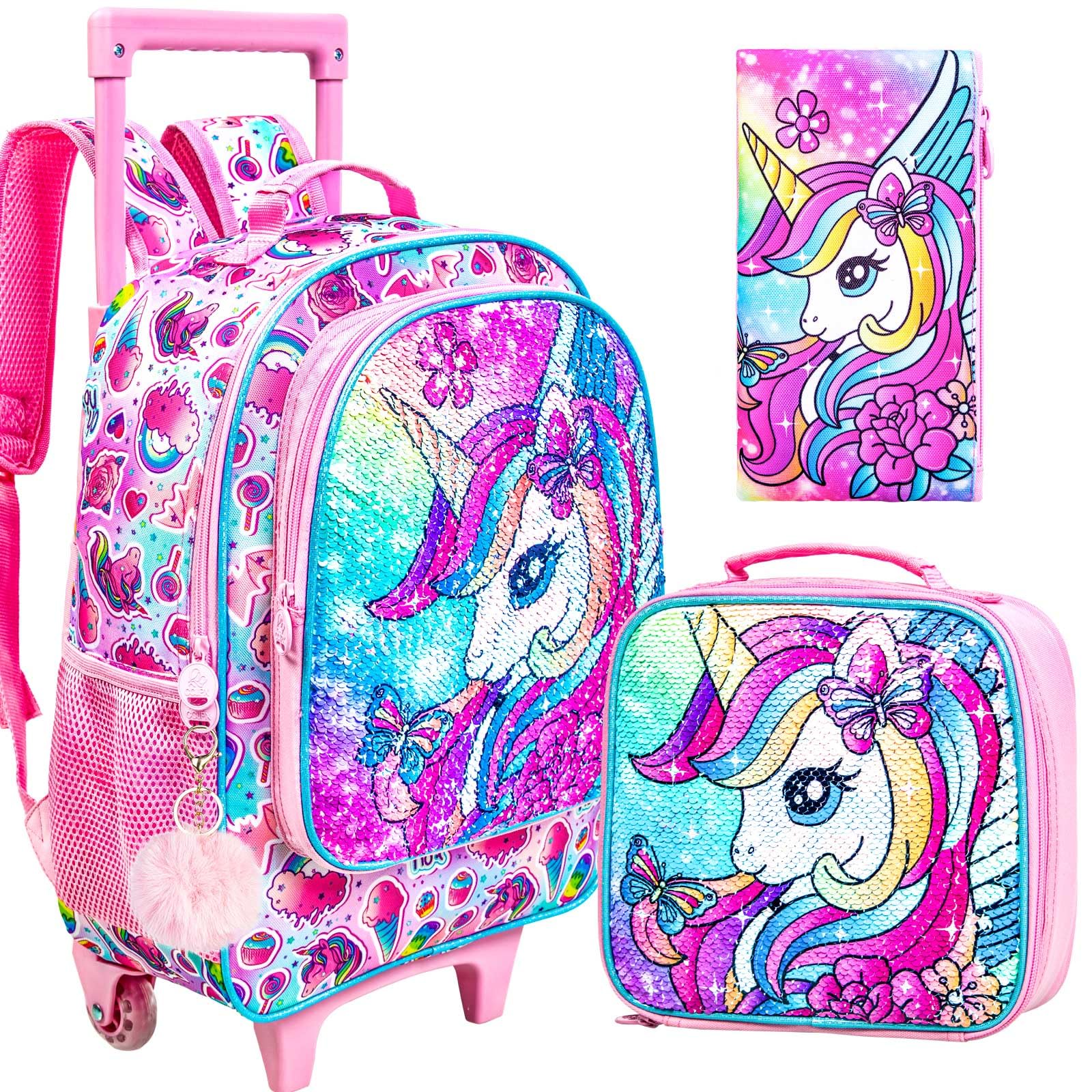 ZLYERT 3PCS Rolling Backpack for Girls, Unicorn Roller School Bag with Wheels for Kids, Wheeled Bookbag with Lunch Box for Children