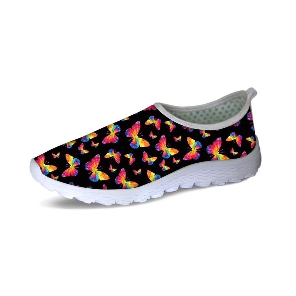 Forchrinse Colorful Tie Dye Butterfly Print Women’s Running Shoes Mens Athletic Tennis Walking Sneakers Slip on Beach Water Shoes Lightweight