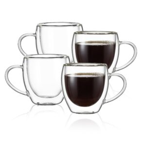 cnglass 5oz espresso mugs (set of 4),double wall insulated glass coffee mugs with handle,espresso shot glasses,clear expresso coffee cups