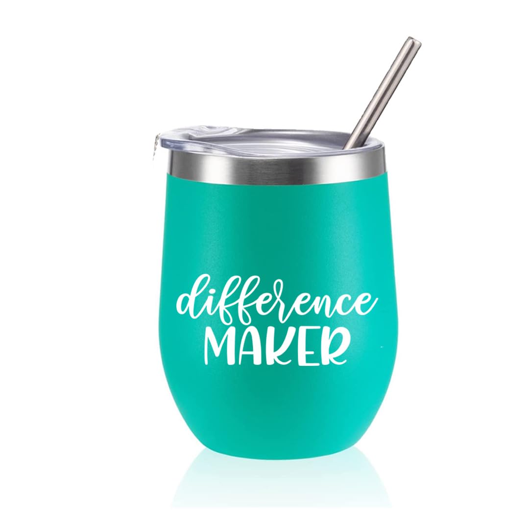 KITSHE Appreciation Gifts Bulk 12oz Cup Stainless Steel Insulated Wine Tumbler with Lid & Straw for Employee Appreciation, Volunteers, Nurses & Teachers with Difference Maker Design (1, Mint)