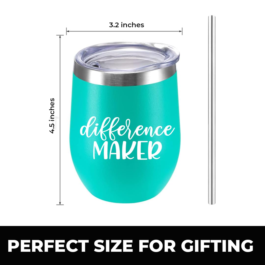 KITSHE Appreciation Gifts Bulk 12oz Cup Stainless Steel Insulated Wine Tumbler with Lid & Straw for Employee Appreciation, Volunteers, Nurses & Teachers with Difference Maker Design (1, Mint)