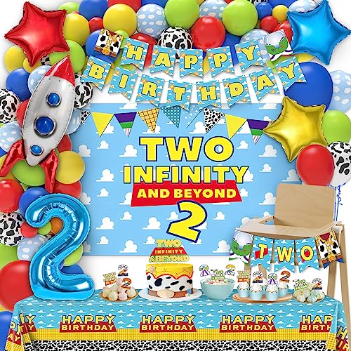 Miucat Two Infinity and Beyond Birthday Decorations Include Happy Birthday Banner Balloons Backdrop Film Balloon Cake Topper Tablecloth, 105 Pcs Toy Inspired Story 2nd Birthday Party Supplies