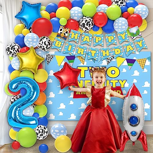 Miucat Two Infinity and Beyond Birthday Decorations Include Happy Birthday Banner Balloons Backdrop Film Balloon Cake Topper Tablecloth, 105 Pcs Toy Inspired Story 2nd Birthday Party Supplies