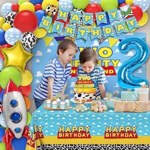 Miucat Two Infinity and Beyond Birthday Decorations Include Happy Birthday Banner Balloons Backdrop Film Balloon Cake Topper Tablecloth, 105 Pcs Toy Inspired Story 2nd Birthday Party Supplies