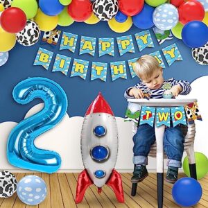 Miucat Two Infinity and Beyond Birthday Decorations Include Happy Birthday Banner Balloons Backdrop Film Balloon Cake Topper Tablecloth, 105 Pcs Toy Inspired Story 2nd Birthday Party Supplies