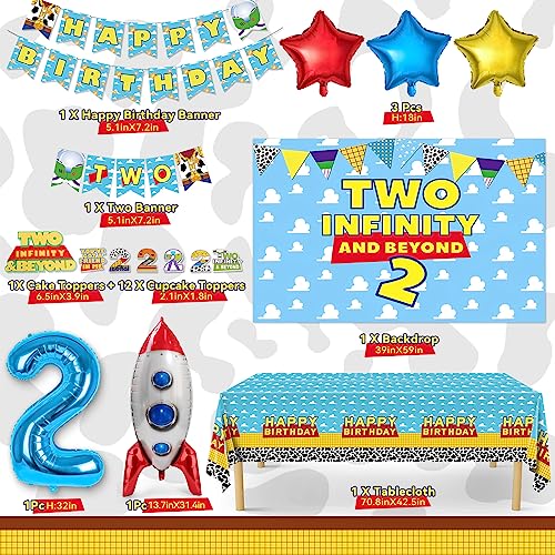 Miucat Two Infinity and Beyond Birthday Decorations Include Happy Birthday Banner Balloons Backdrop Film Balloon Cake Topper Tablecloth, 105 Pcs Toy Inspired Story 2nd Birthday Party Supplies