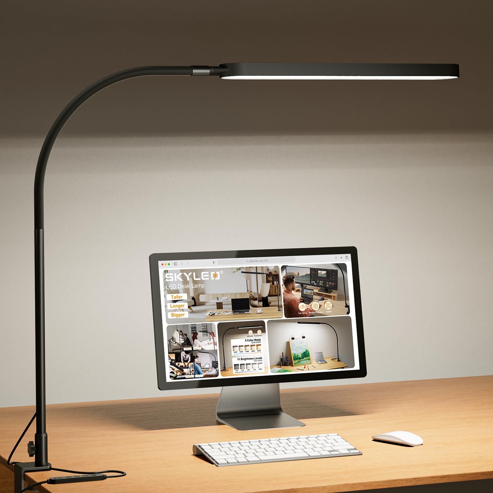 SKYLEO Desk Lamp for Office Home- 34" LED Desk Light - Touch Control - 5 Color Modes X 11 Brightness Levels - 1300ML(112 Pcs Lamp Beads) - Timmer & Memory Function - 12W Clip On Light - Black