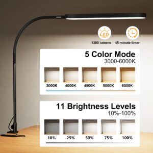 SKYLEO Desk Lamp for Office Home- 34" LED Desk Light - Touch Control - 5 Color Modes X 11 Brightness Levels - 1300ML(112 Pcs Lamp Beads) - Timmer & Memory Function - 12W Clip On Light - Black