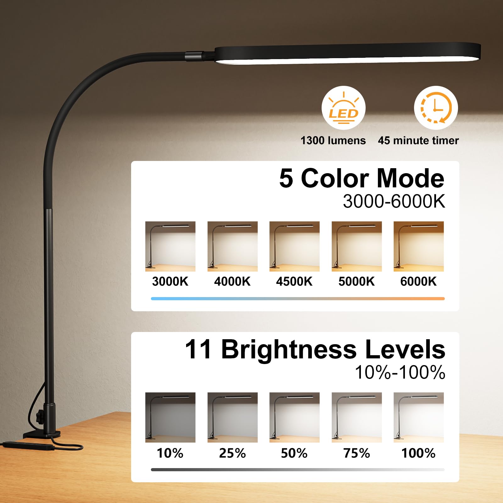 SKYLEO Desk Lamp for Office Home- 34" LED Desk Light - Touch Control - 5 Color Modes X 11 Brightness Levels - 1300ML(112 Pcs Lamp Beads) - Timmer & Memory Function - 12W Clip On Light - Black