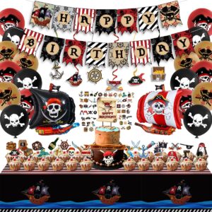 cailess birthday party decorations - pirates birthday party decorations 103pcs, included pirates theme banner cake toppers 12'' latex balloons swirls decor pirates foil balloons for pirates party