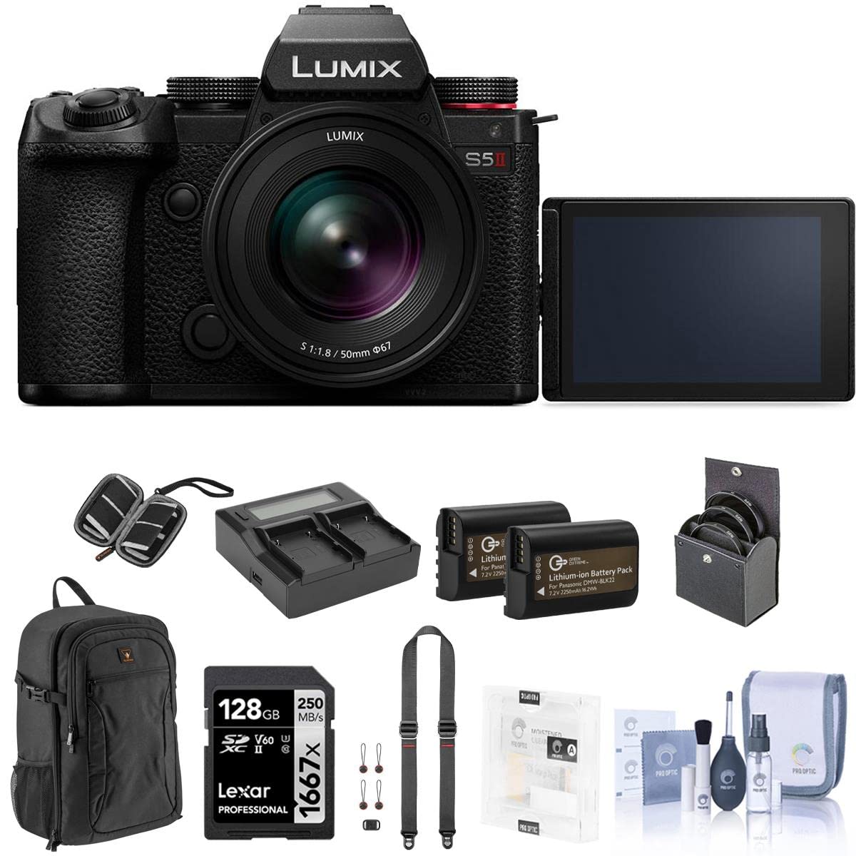 Panasonic LUMIX S5 II Mirrorless Camera with Lumix S 20-60mm f/3.5-5.6 Lens Bundle with 128GB SD Card, Backpack, 2X Battery, Dual Charger, Strap, Screen Protector, and Accessories