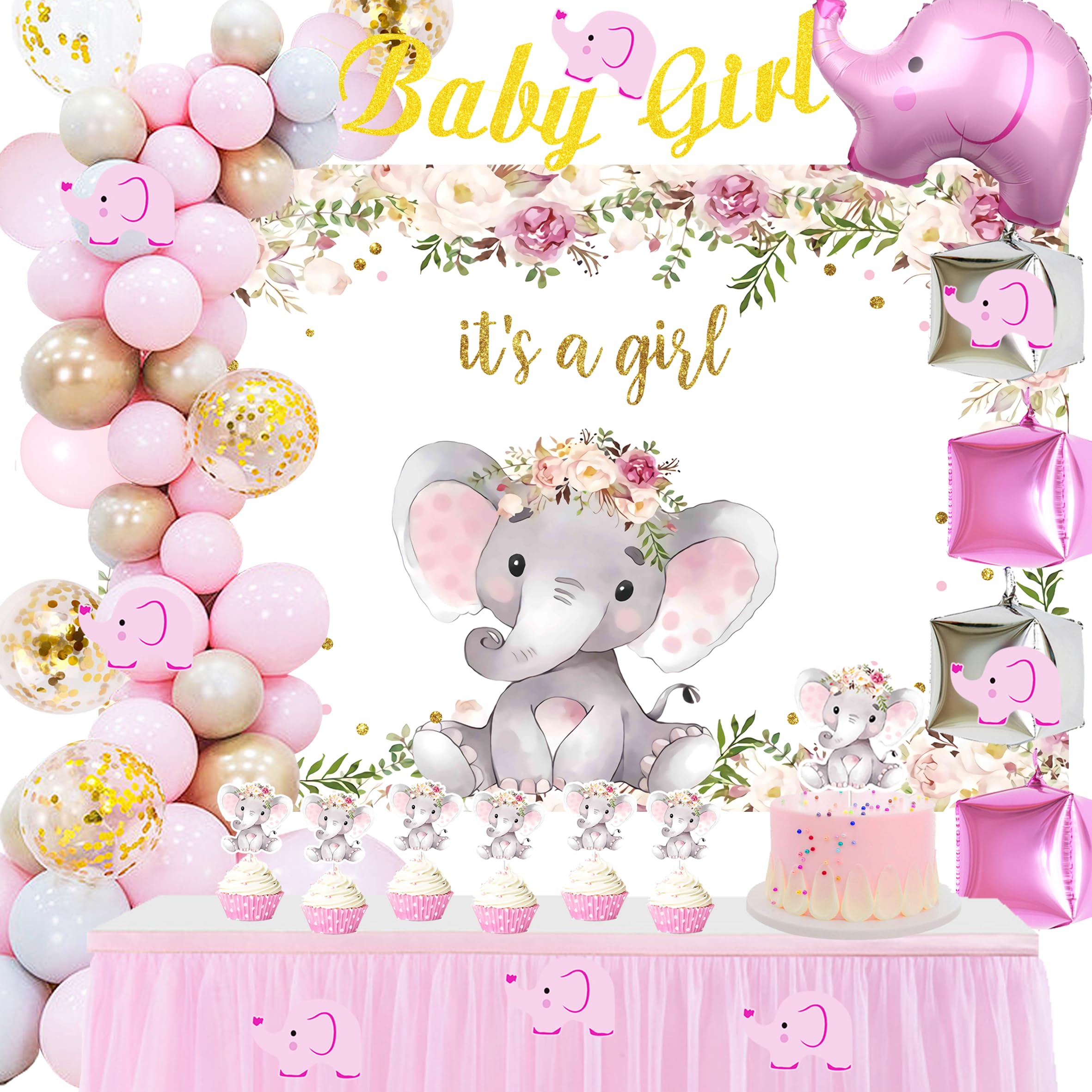 Baby Shower Party Supplies Decorations for Girl - Baby Girl Banner, Latex Balloons, Square Balloons, Elephant Foil Balloon, Pink Elephant Cut-Outs, Toppers, and Backdrop for Baby Shower Birthday Party