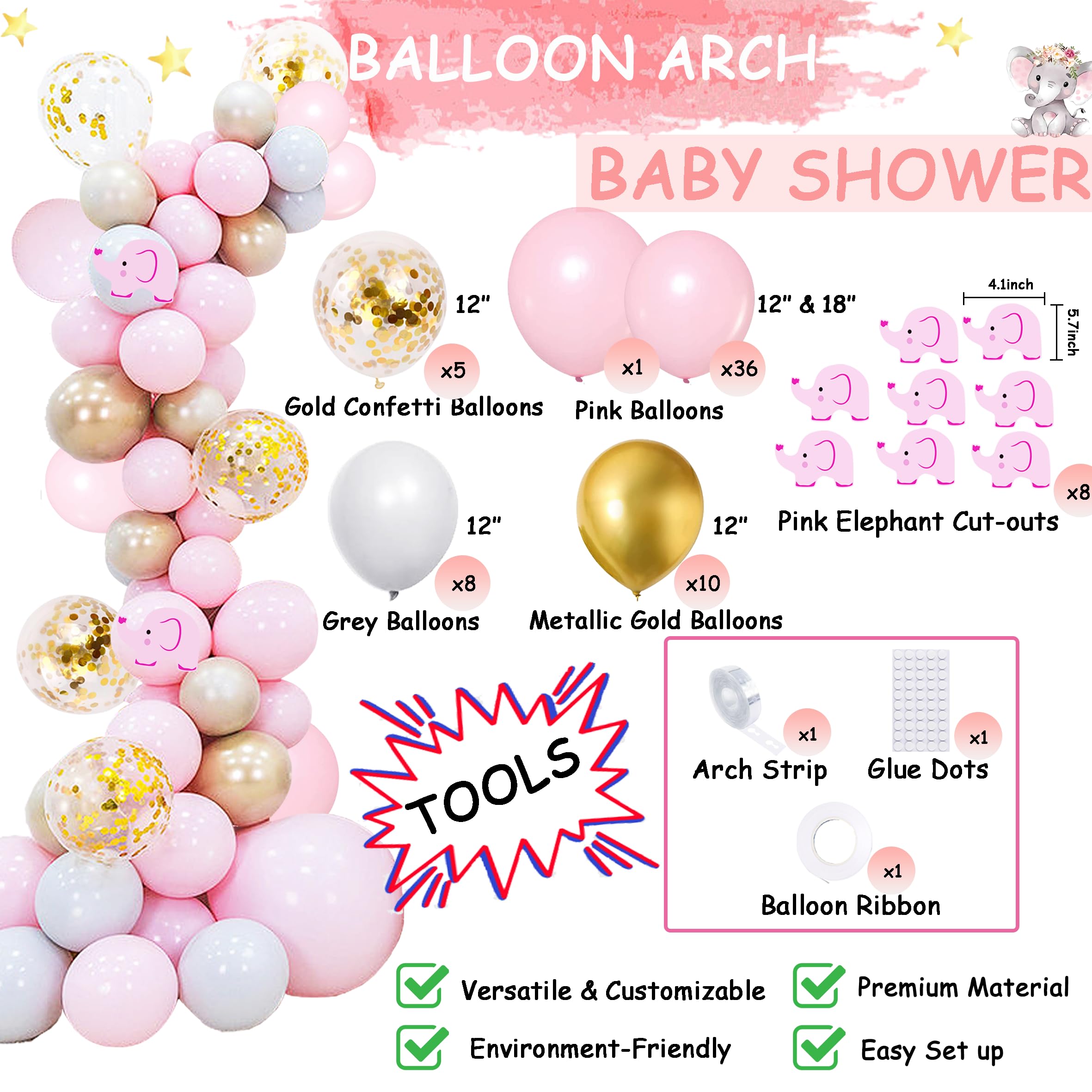 Baby Shower Party Supplies Decorations for Girl - Baby Girl Banner, Latex Balloons, Square Balloons, Elephant Foil Balloon, Pink Elephant Cut-Outs, Toppers, and Backdrop for Baby Shower Birthday Party