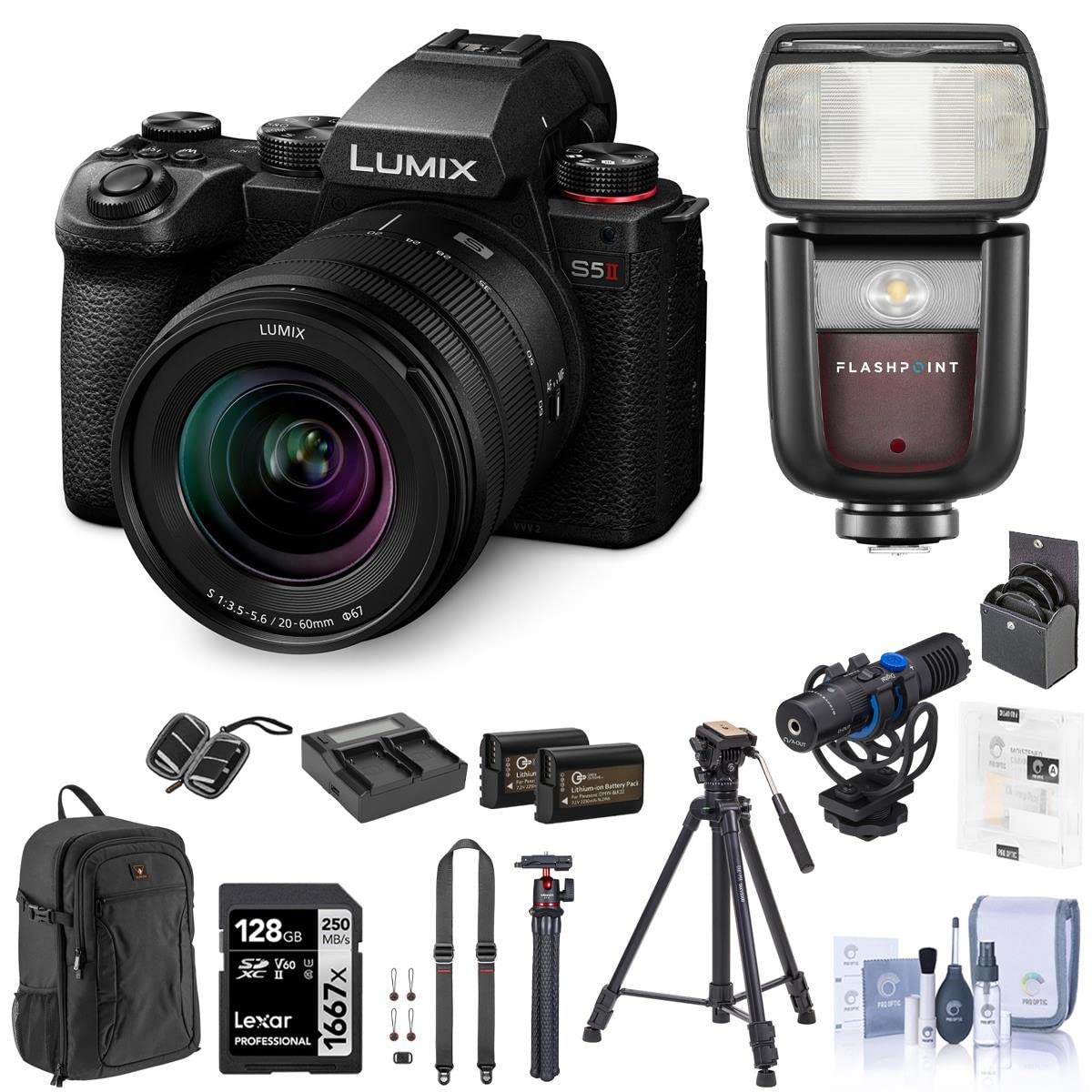 Panasonic LUMIX S5 II Mirrorless Camera with Lumix S 20-60mm f/3.5-5.6 Lens Bundle with Speedlight, 128GB SD Card, Backpack, 2X Battery, Dual Charger, Strap, Aluminum Tripod, and Accessories