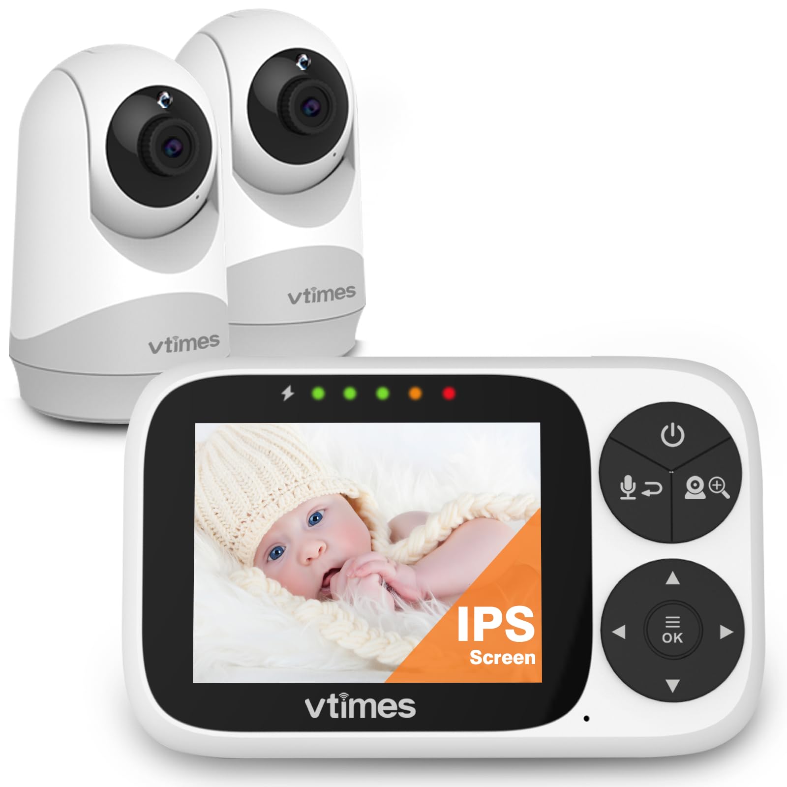 VTimes Baby Monitor with 2 Cameras, 3.2" IPS Screen, 2-Way Talk, Baby Monitor No WiFi Night Vision, Pan-Tilt-Zoom VOX Mode Temperature Monitor 8 Lullabies and 1000ft Range for Baby Pet Elderly