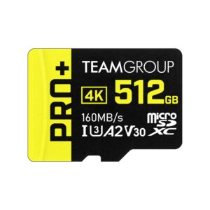 teamgroup a2 pro plus card 512gb micro sdxc uhs-i u3 a2 v30, r/w up to 160/110 mb/s for nintendo-switch, steam deck, gaming devices, tablets, smartphones, 4k shooting, with adapter tppmsdx512gia2v3003