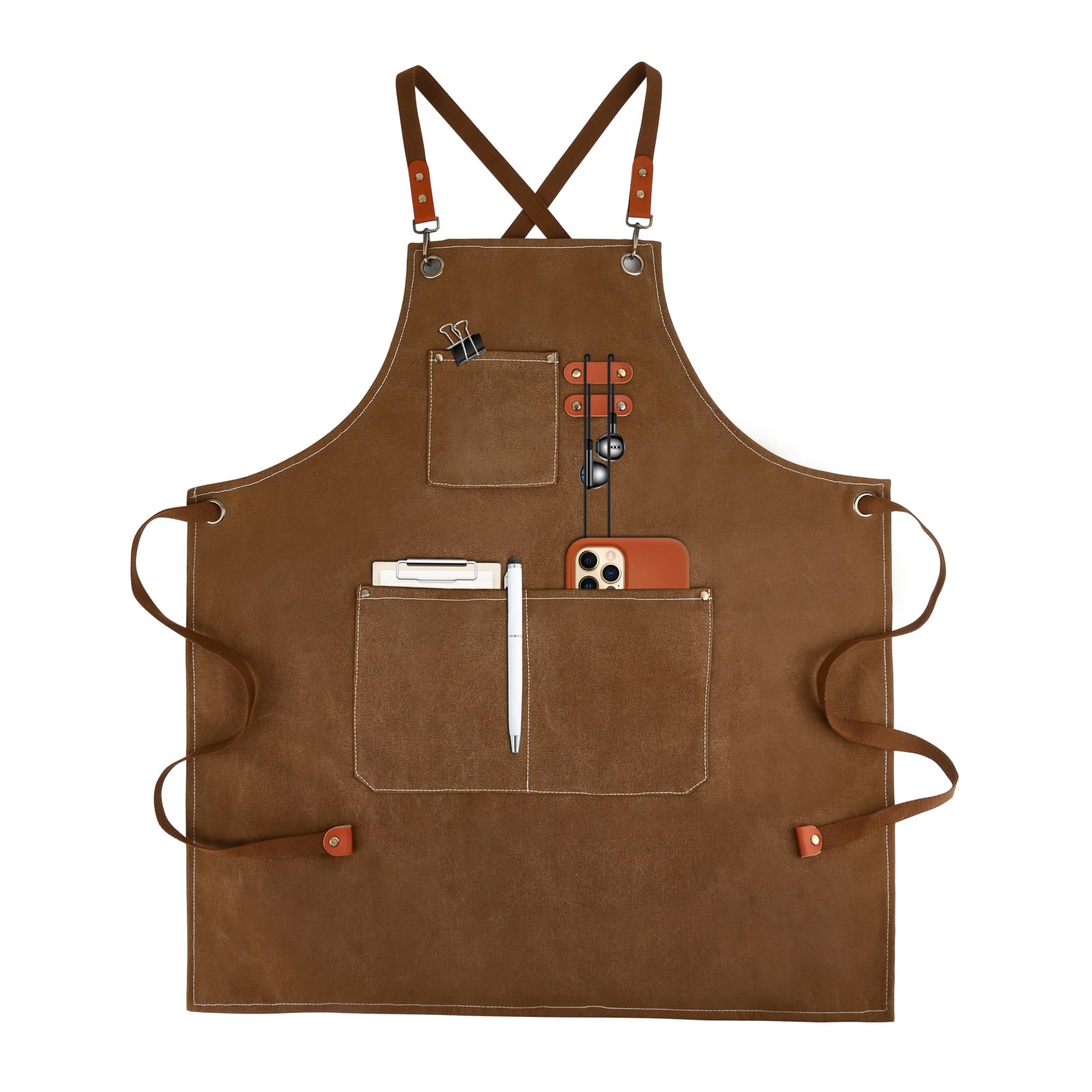 APRONPANDA Cross-Back Chef Aprons for Men Women with Pockets,Cotton Canvas Adjustable Cooking Work Apron for Kitchen,BBQ & Grill,Garden (Brown)