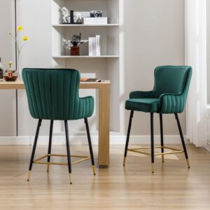 QUINJAY 26" Green Counter Height Bar Stools Set of 2, Velvet Upholstered Gold Bar Stools with Wing Back, Modern Kitchen Island Bar stools with Footrest High Dining Chairs for Dining Room Home Pub