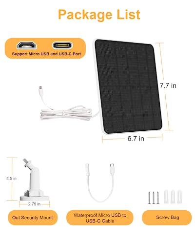 HXVIEW 6W Solar Panel for Security Camera, 5V Solar Panel Charger for Micro USB & USB-C Port Outdoor Camera, 20% Efficiency Than 5W, 360° Adjustable & IP66 Waterproof