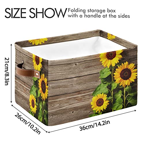 DEHOZO Storage Basket Bins, Summer Wooden Sunflower Flower Collapsible Storage Cubes Organizer with Handles, Closet Shelves Clothes Storage Box Toys Organizer for Bedroom Living Room, 2pcs