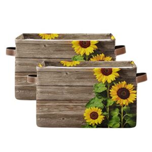 DEHOZO Storage Basket Bins, Summer Wooden Sunflower Flower Collapsible Storage Cubes Organizer with Handles, Closet Shelves Clothes Storage Box Toys Organizer for Bedroom Living Room, 2pcs