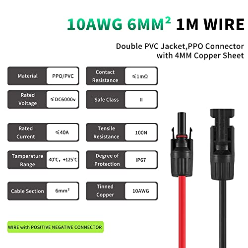 Solar Cable Extension, SIYAN 3FT Solar Panel Extension Cable 10AWG with Female and Male Connector Weatherproof Solar Panel Wire Adapter for Home, Shop and RV Solar Panels