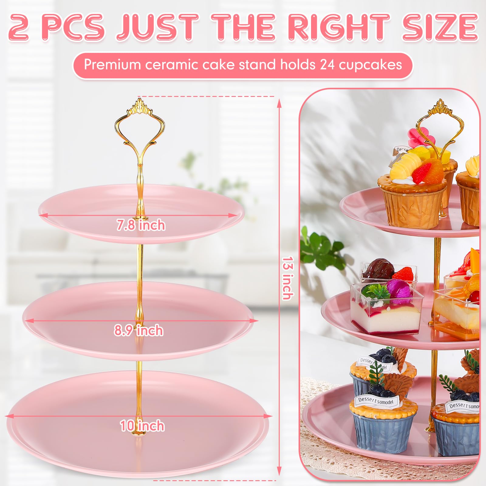 Set of 2 Cupcake Display Stands 3 Tier Serving Tray Platters Stainless Steel Cup Cake Tower for Birthday Party Wedding Cakes Dessert Cookie Candy (Pink)