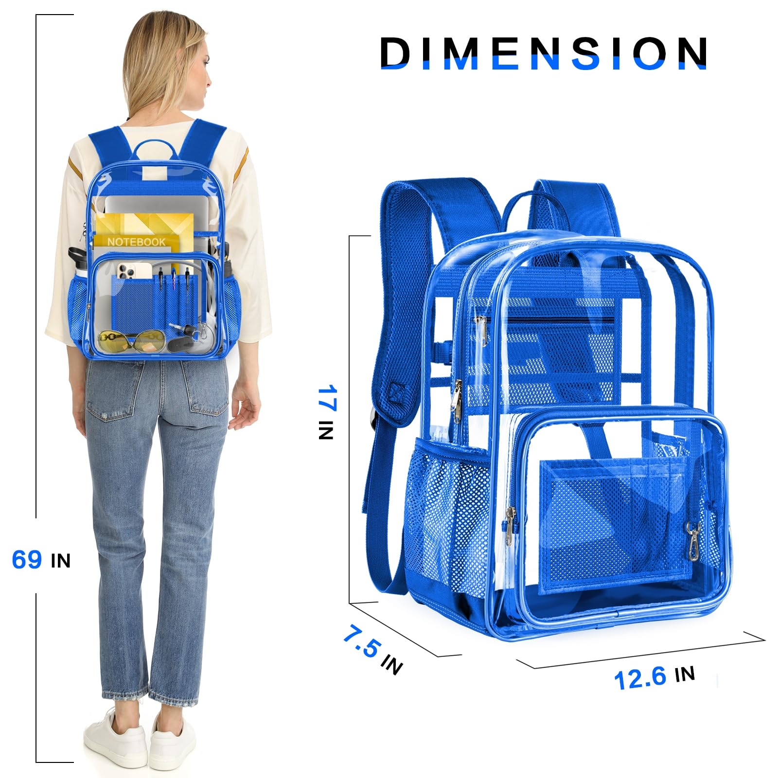 GEAMSAM Clear Backpack Heavy Duty Large Transparent Backpack with Reinforced Bottom Multi-pockets for College, Travel, Workplace Security - Blue