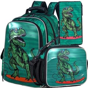 agsdon 3pcs dinosaur backpack for boys, 16" little kids preschool school bookbag and lunch box