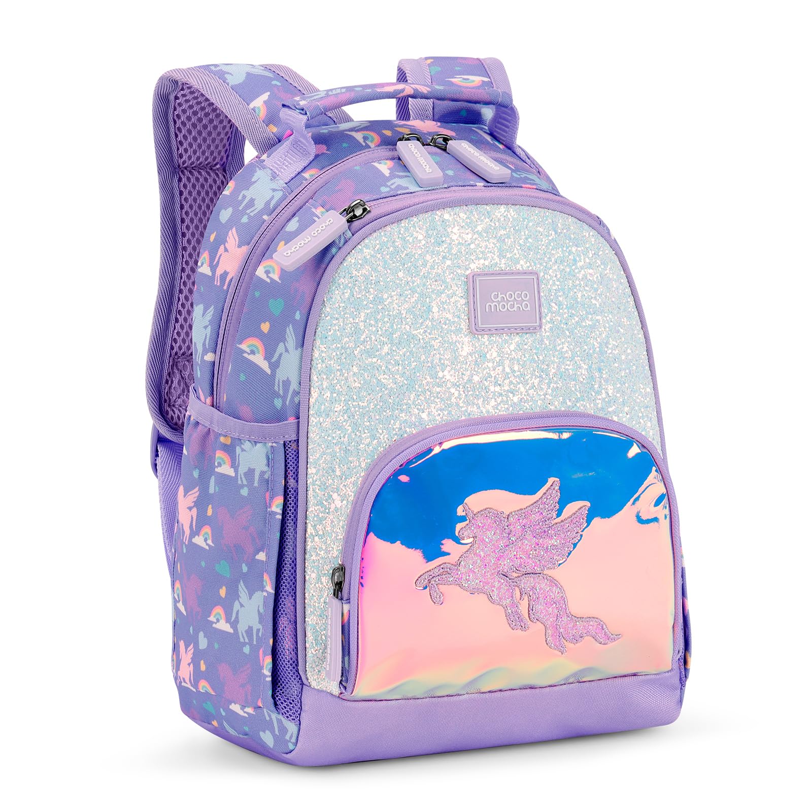 Choco Mocha Unicorn Toddler Backpack for Little Girls, Kids Pre Kindergarten Daycare Sparkle Backpack for Toddler 12 Inch, Glitter Bling Purple