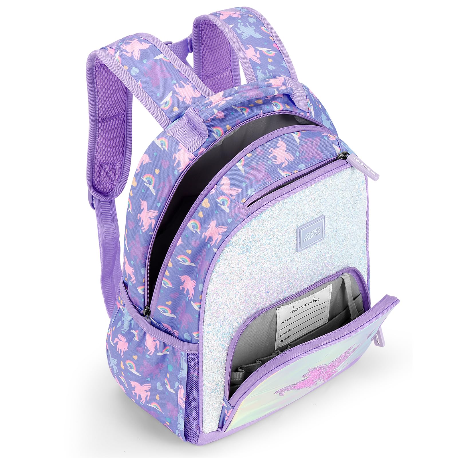 Choco Mocha Unicorn Toddler Backpack for Little Girls, Kids Pre Kindergarten Daycare Sparkle Backpack for Toddler 12 Inch, Glitter Bling Purple